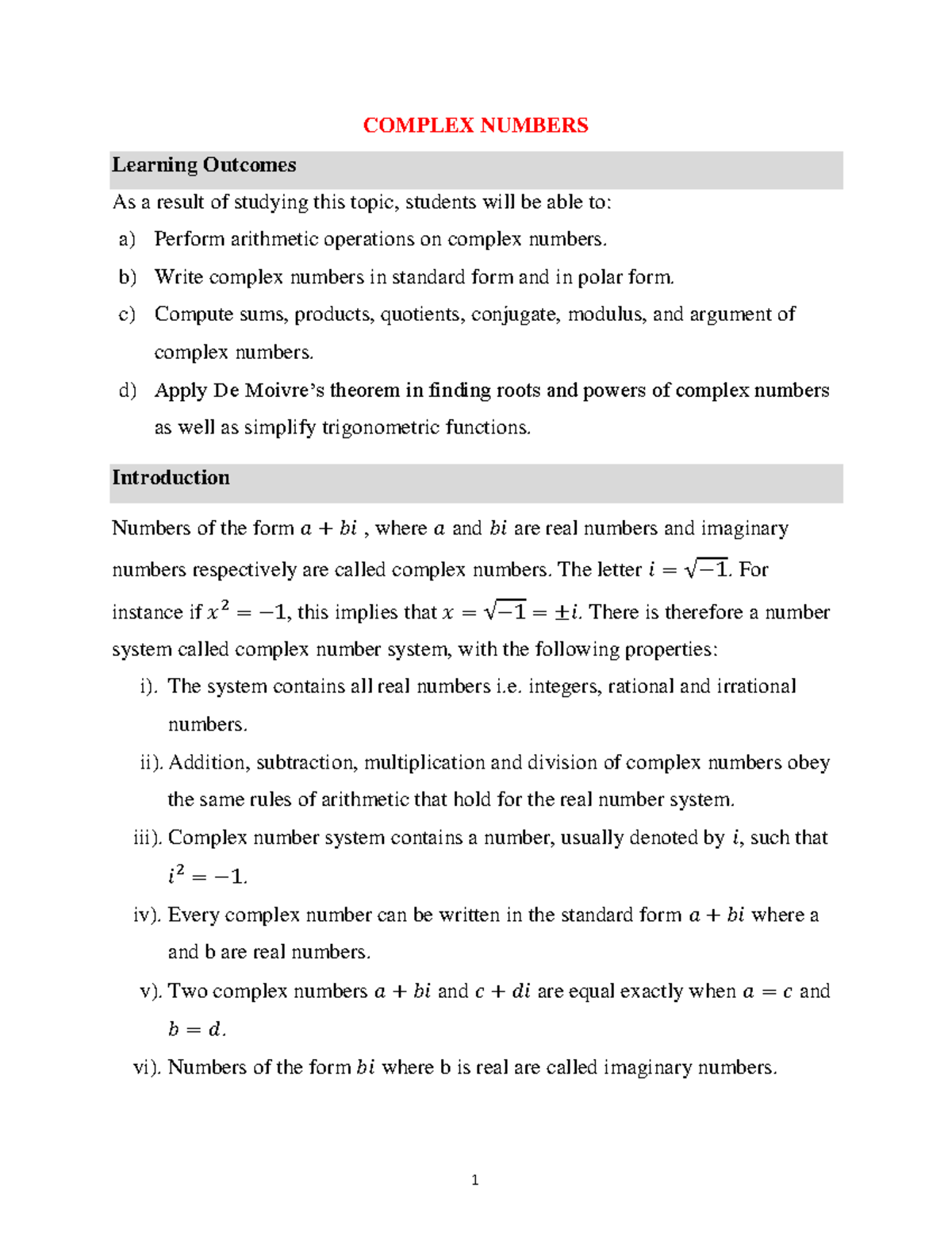 Lesson 10 Complex Numbers - COMPLEX NUMBERS Learning Outcomes As a ...