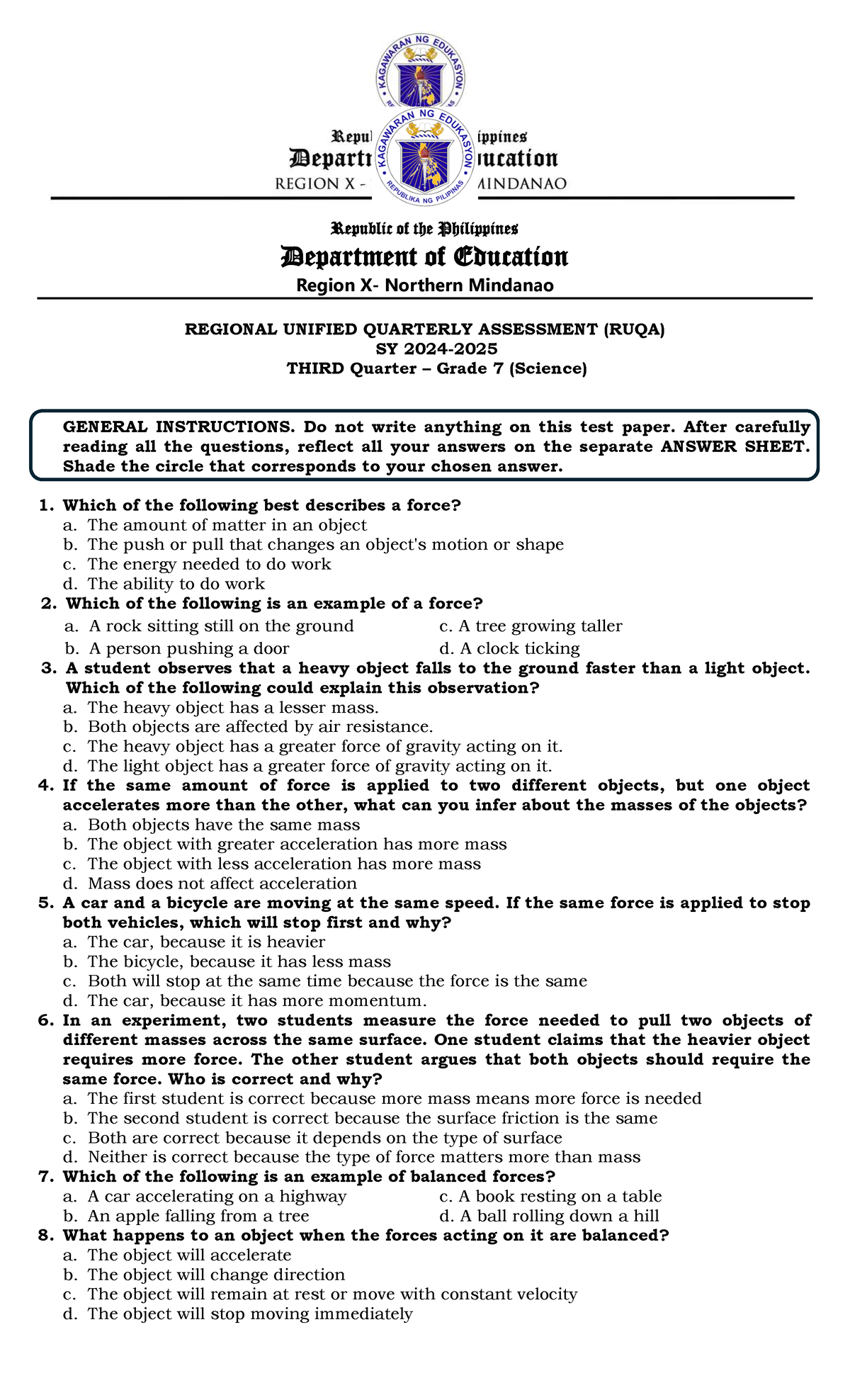 Grade 7 Science 3rd Quarter Exam - Assessment for SY 2024-2025 - Studocu