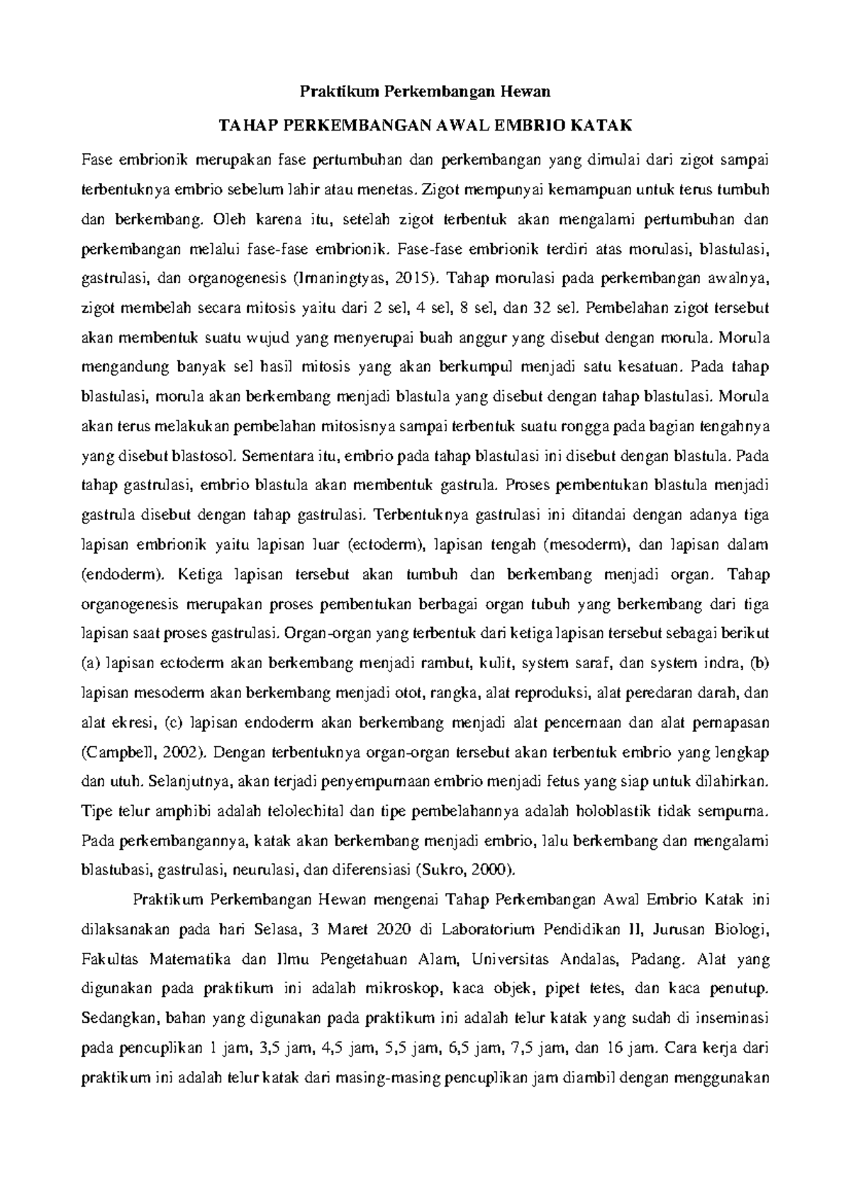 Laporan Praktikum: Tahap Awal Perkembangan Embrio Katak 2020 - Studocu