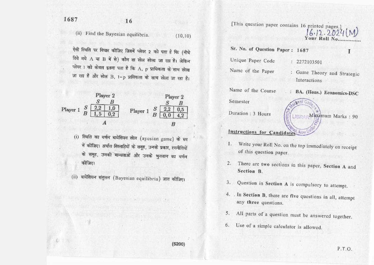 Game Theory & Strategic Interactions: Question Paper 1687 - Studocu