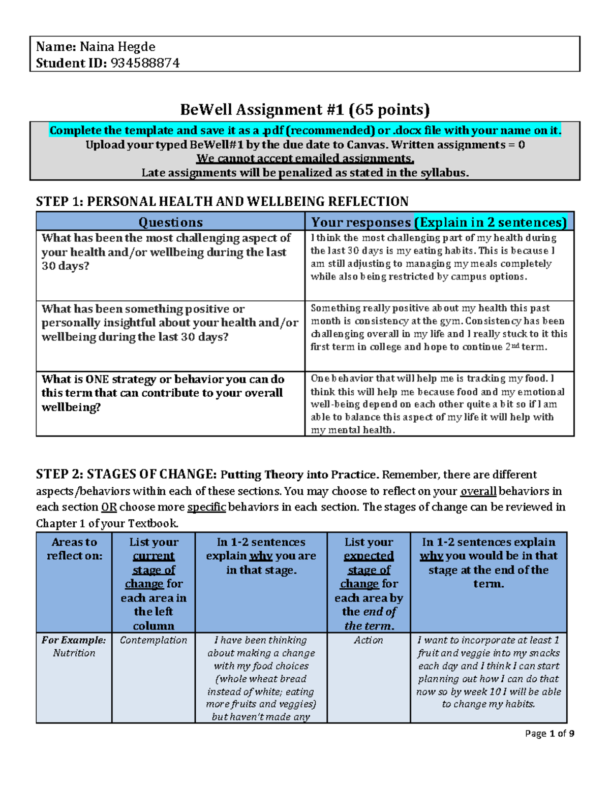 Be Well Assignment 1: Personal Health Reflection & SMART Goals W25 ...