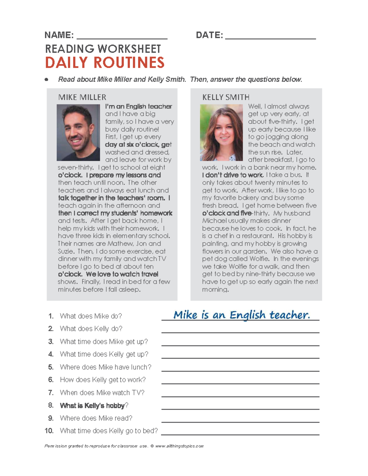 ENG 101: Daily Routines Reading Worksheet - Mike & Kelly - Studocu