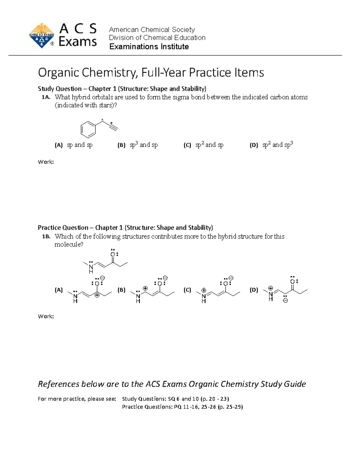 ACS Exams Organic Chemistry Full-Year Practice Questions - Studocu