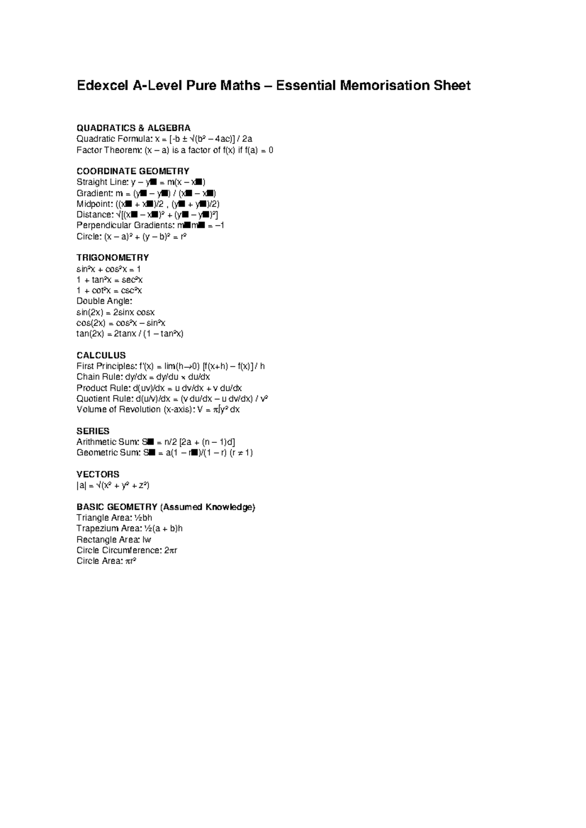 Edexcel A Level Pure Maths Cheat Sheet: Key Formulas & Concepts - Studocu