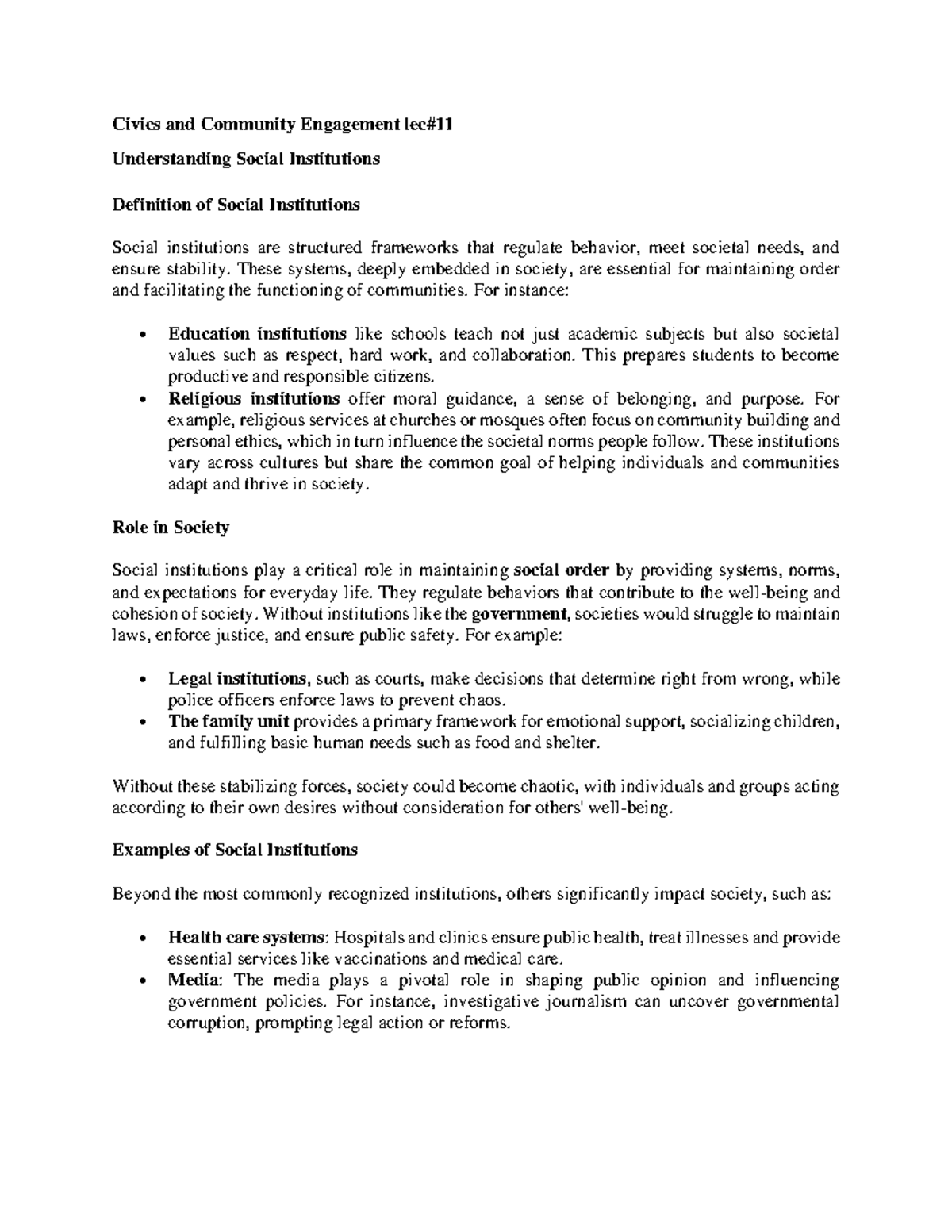 HUM208 Lecture 11: Understanding the role of social institutions in ...
