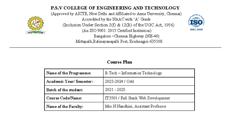 IT3501 Lesson Plan: Full Stack Web Development (B.Tech IT) - Studocu