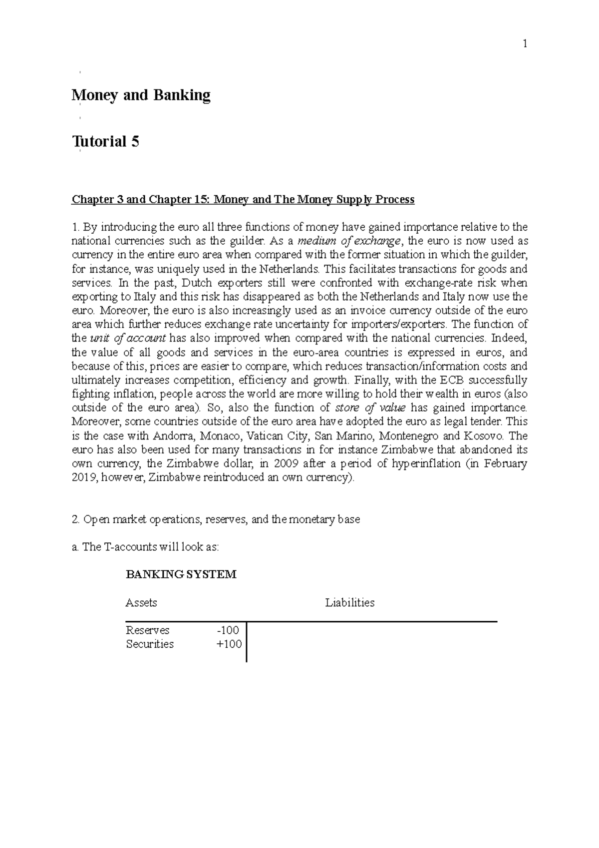 Money and Banking Tutorial 5 - Key Answers on Money Supply Process ...