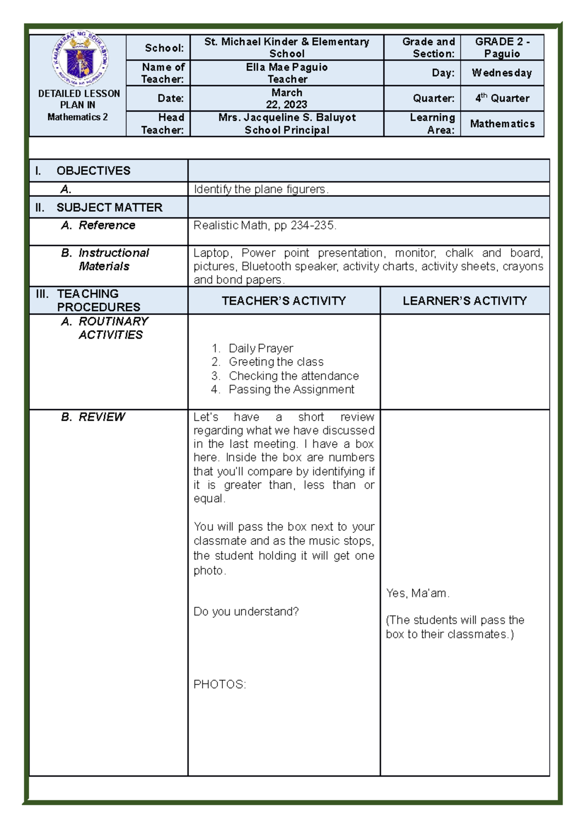 Mathematics Lesson Plan: 2D Shapes - Grade 2 (Q4) - Studocu