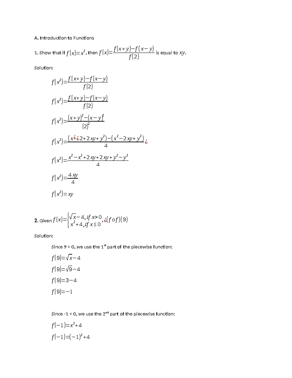 INTRODUCTION TO FUNCTIONS - A. Introduction to Functions Show that if f ...