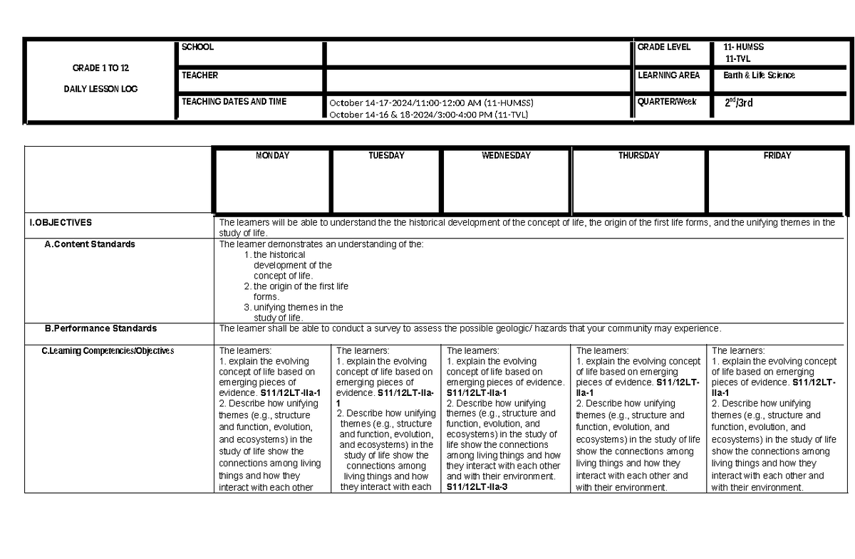 Earth and Life Science Daily Lesson Log (Grade 1-12 HUMSS) - Studocu