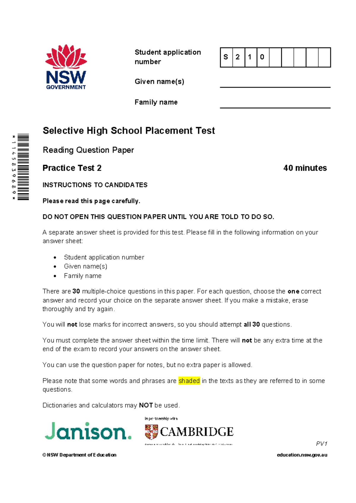 Practice Test 2 - Selective High School Placement Test (SHS) Reading ...