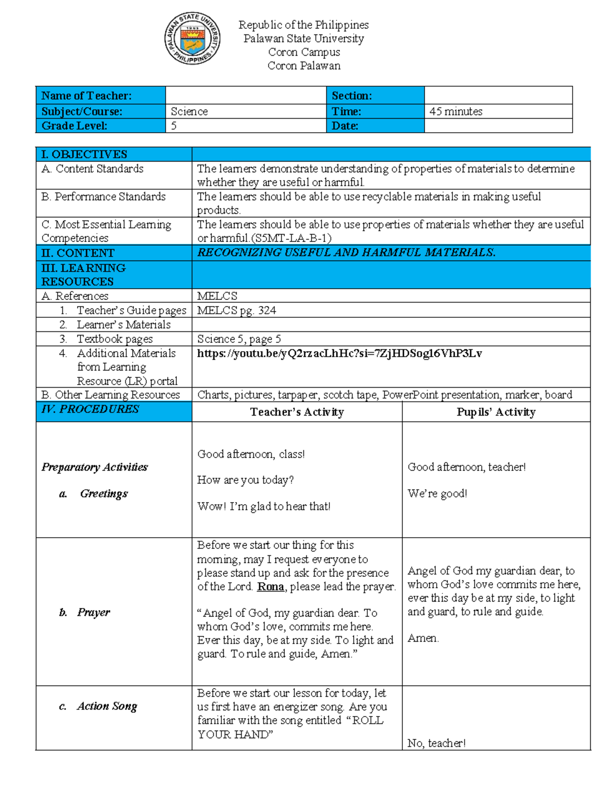 Science 5 Detailed Lesson Plan: Recognizing Useful & Harmful Materials ...