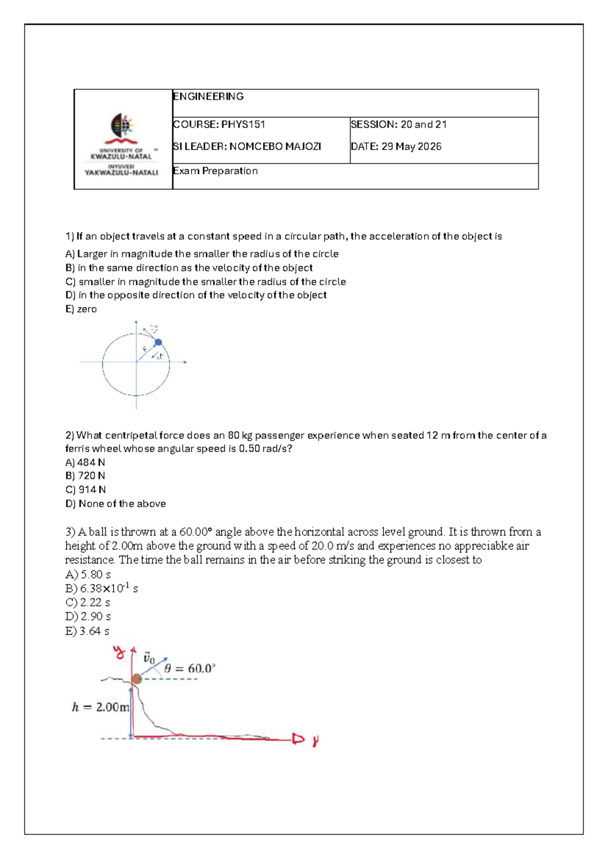 PHYS151 Exam Prep: Circular Motion & Forces - Sessions 20 & 21 - Studocu
