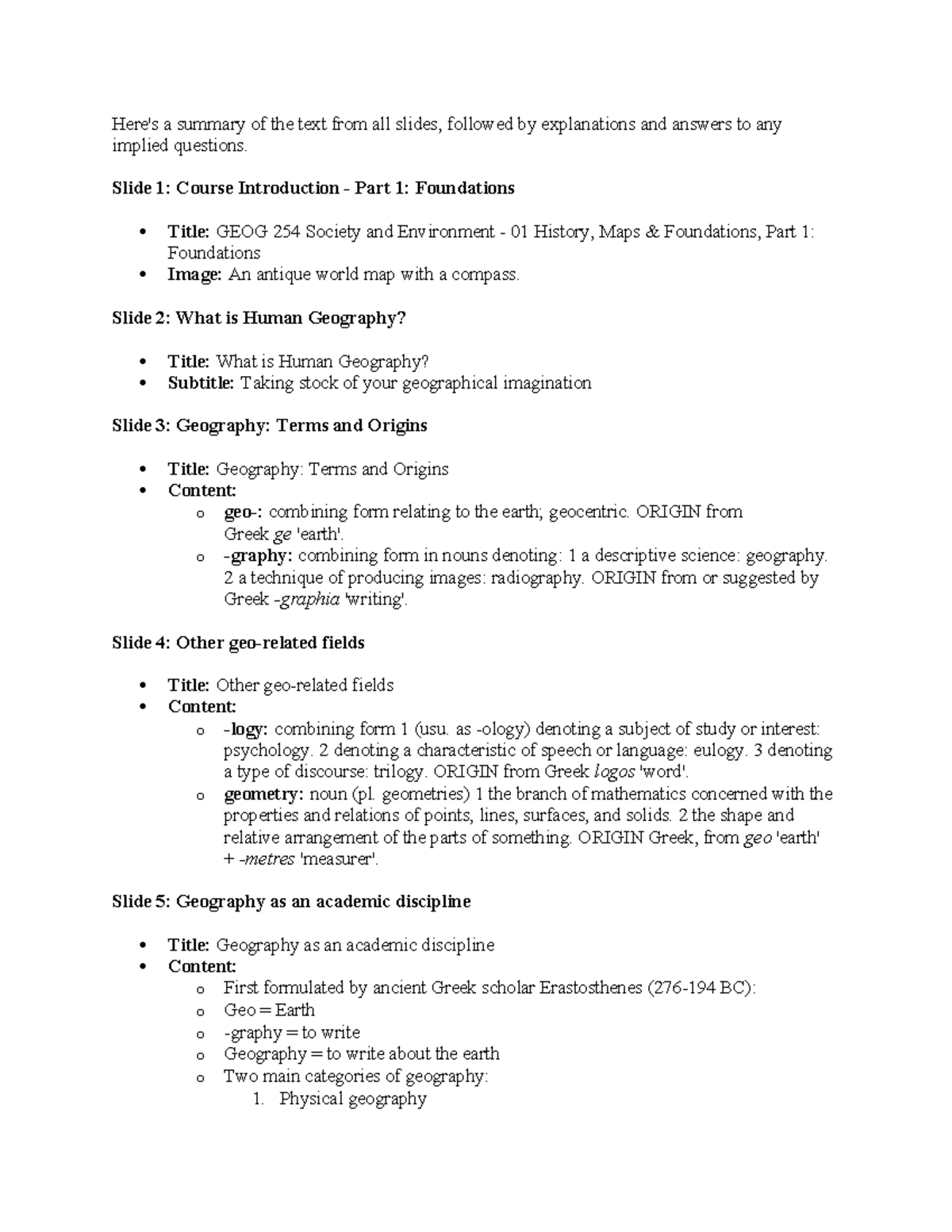 Geog notes - Here's a summary of the text from all slides, followed by ...
