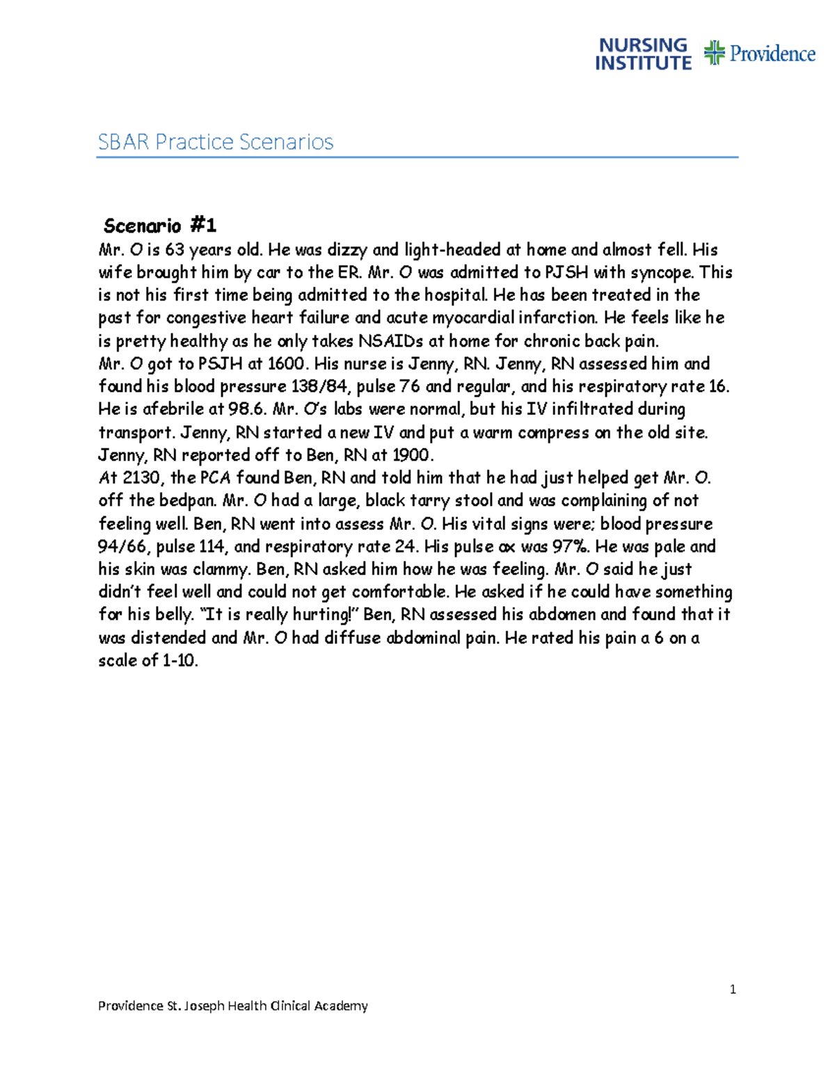 SBAR Practice Scenarios: Clinical Assessments and Interventions - Studocu