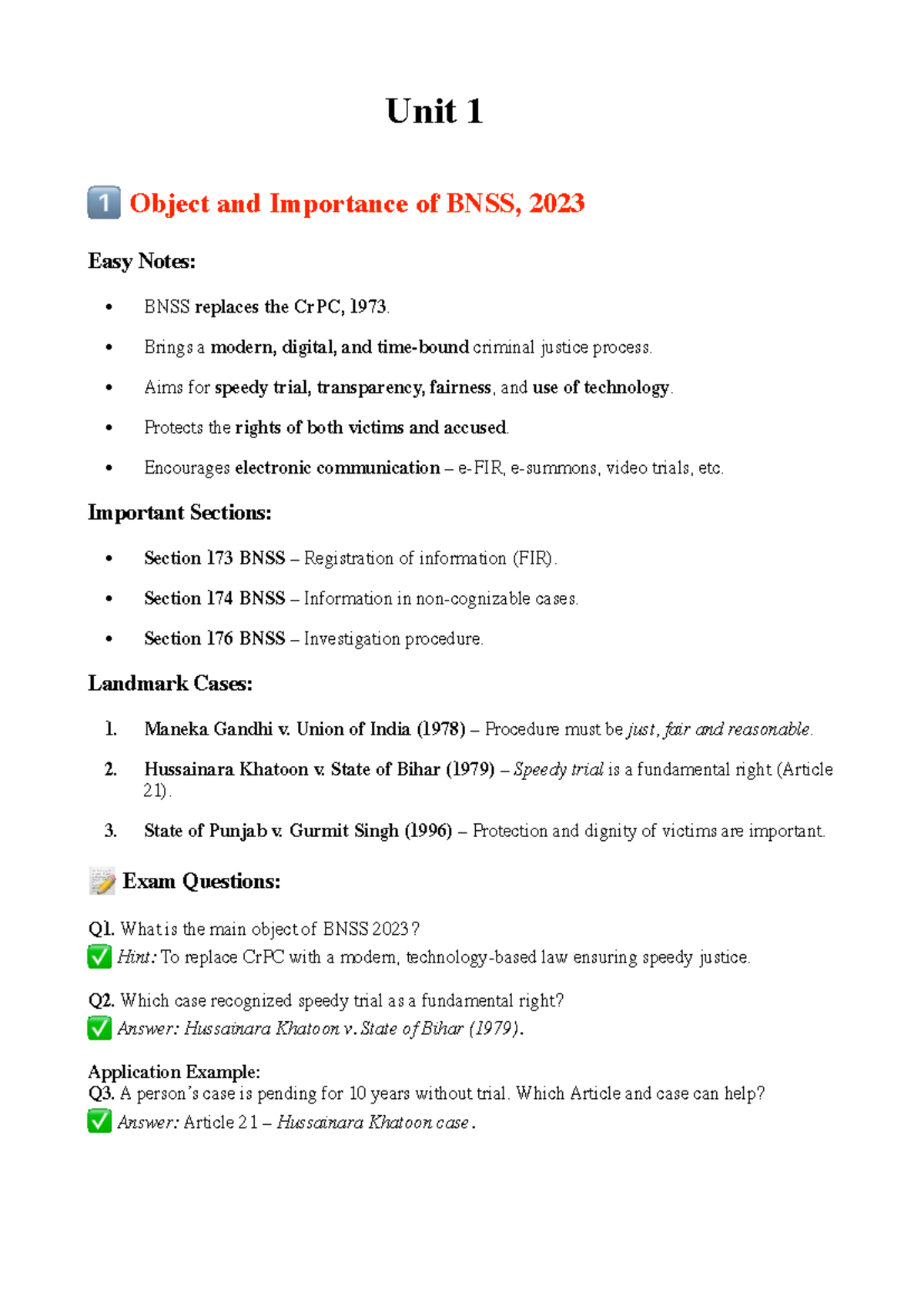BNSS 2023 Easy Notes: Object, Functionaries, and Legal Provisions - Studocu