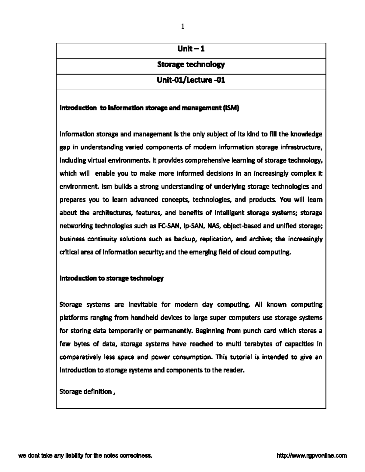 ISM Unit 1: Introduction to Information Storage & Management Concepts - Studocu