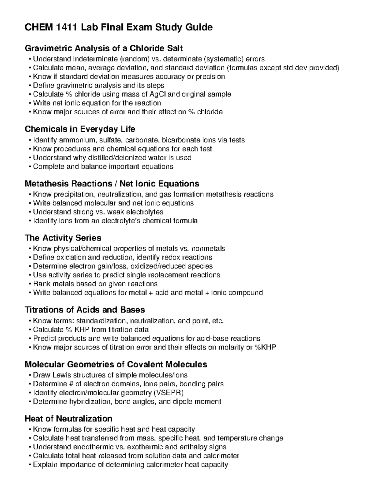 CHEM 1411 Lab Final Exam Study Guide: Gravimetric Analysis & Key ...
