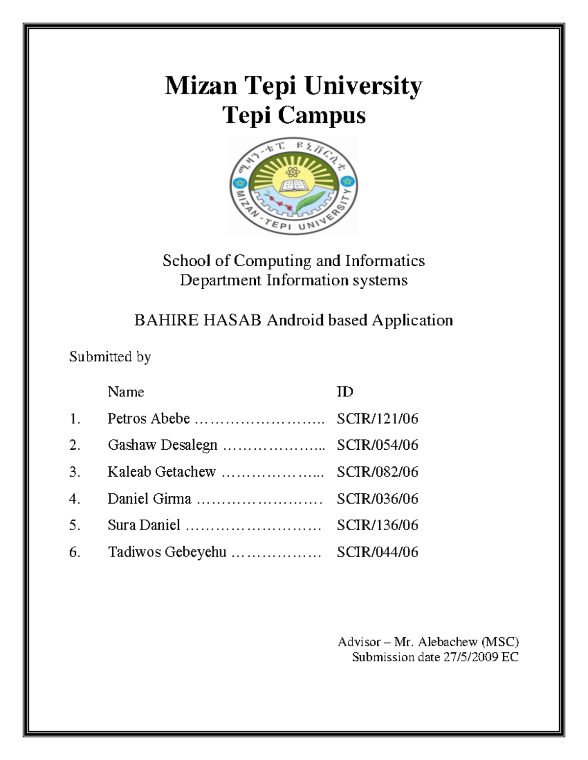 BAHIRE HASAB Android App Project Documentation - SCIR/121/ Final ...