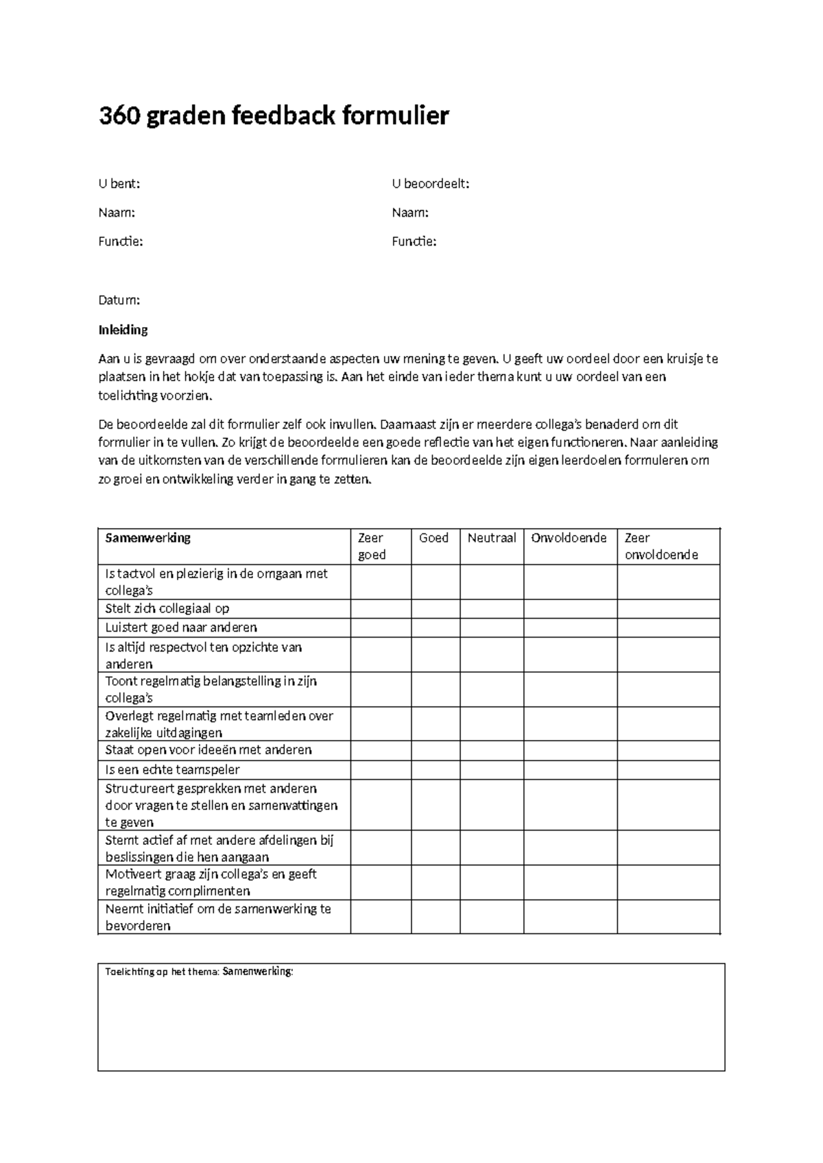 360 Graden Feedback Formulier voor Zelfreflectie en Groei - Studeersnel