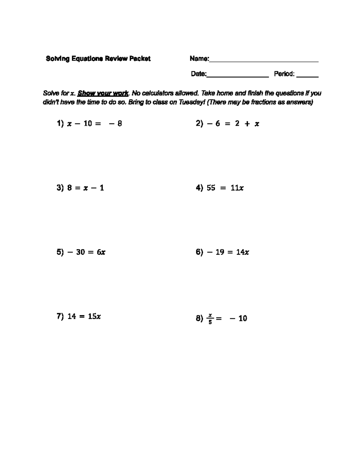 Review Week Pre-Test Questions for Solving Equations - Studocu