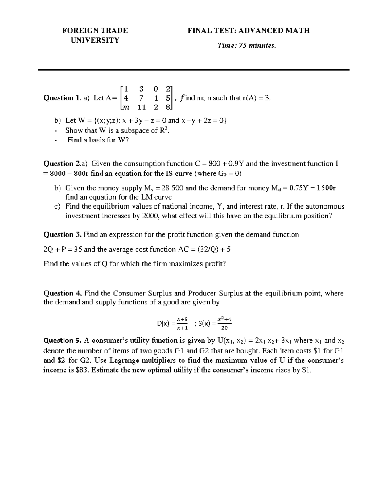 FOREIGN TRADE UNIVERSITY 1 Final Test: Advanced Math Notes - Studocu