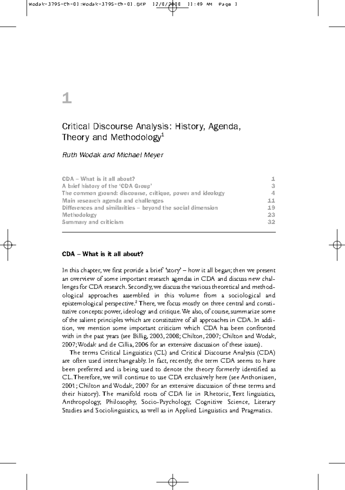 CDA Overview: History, Theory, and Methodology (WODAK 01) - Studocu