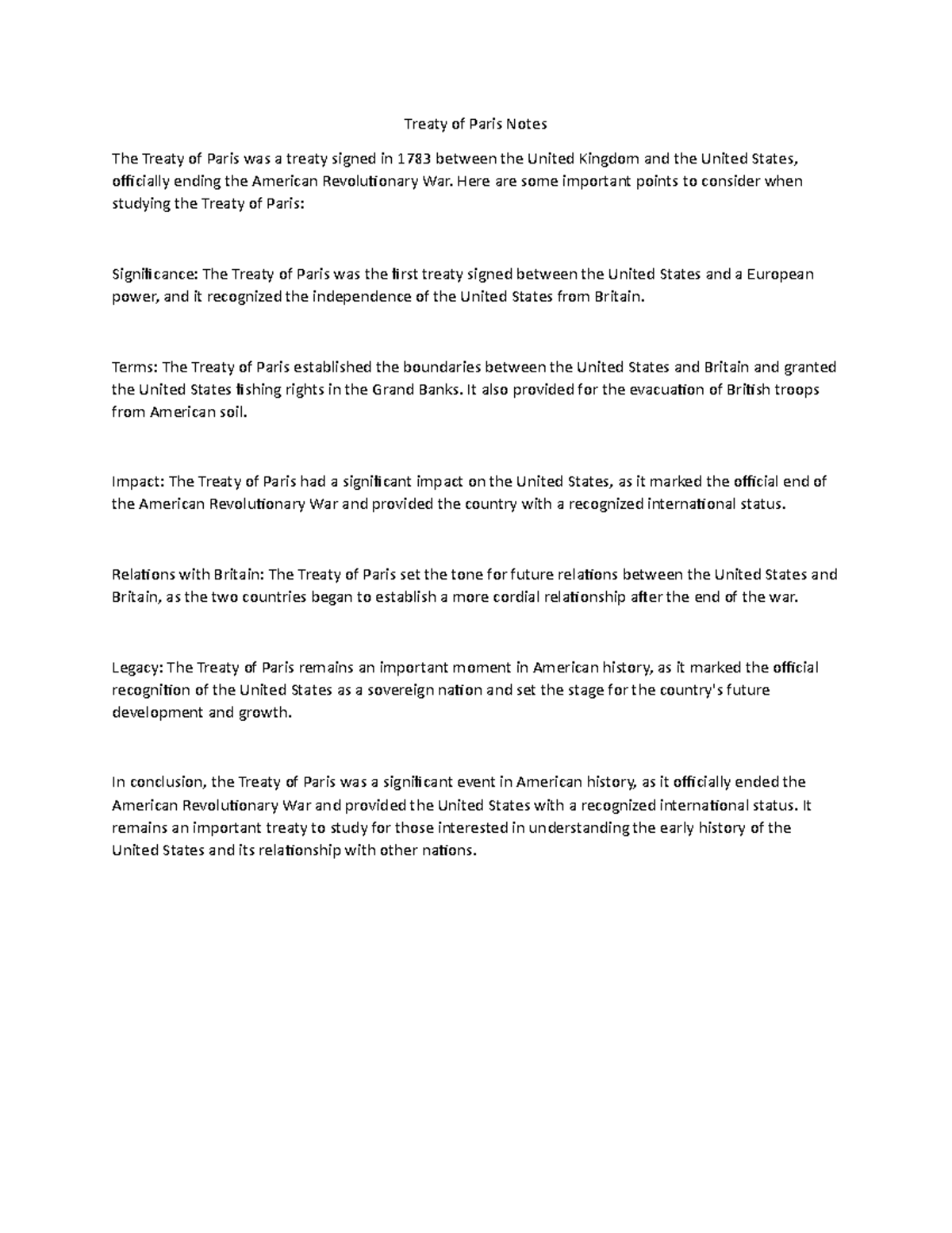 Treaty of Paris Study Notes: Significance and Impact in 1783 - Studocu