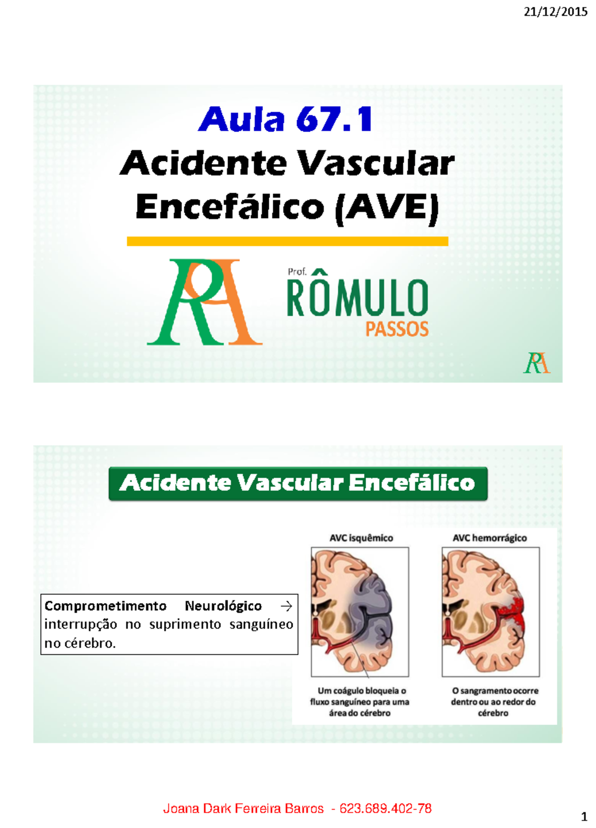 APH - Aula 67: Acidente Vascular Encefálico (AVE) e Atendimento Clínico ...