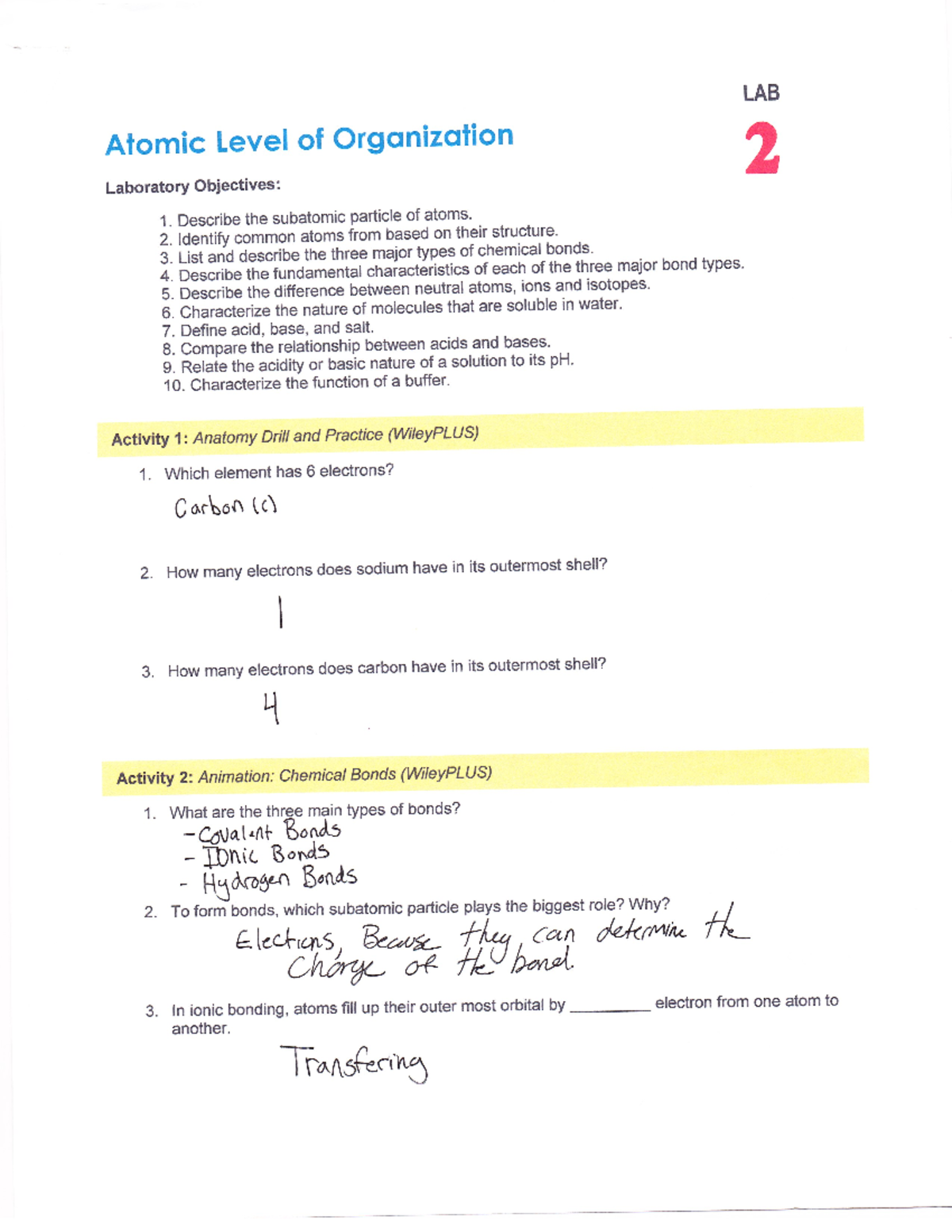 Atomic Level of Organization LAB 2 - Describe the subatomic particle of ...