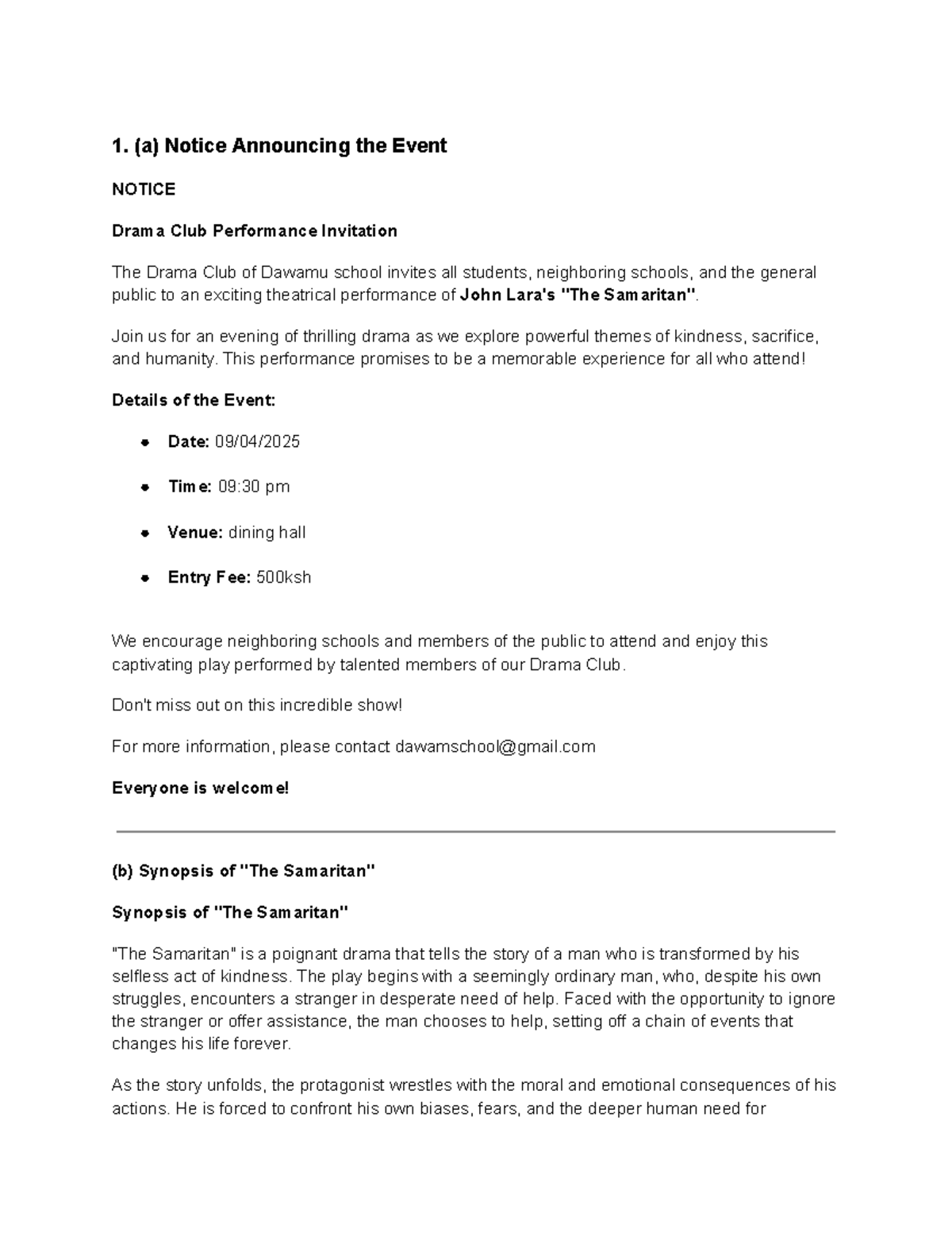 English Paper 1 - Drama Club Performance & Communication Skills - Studocu