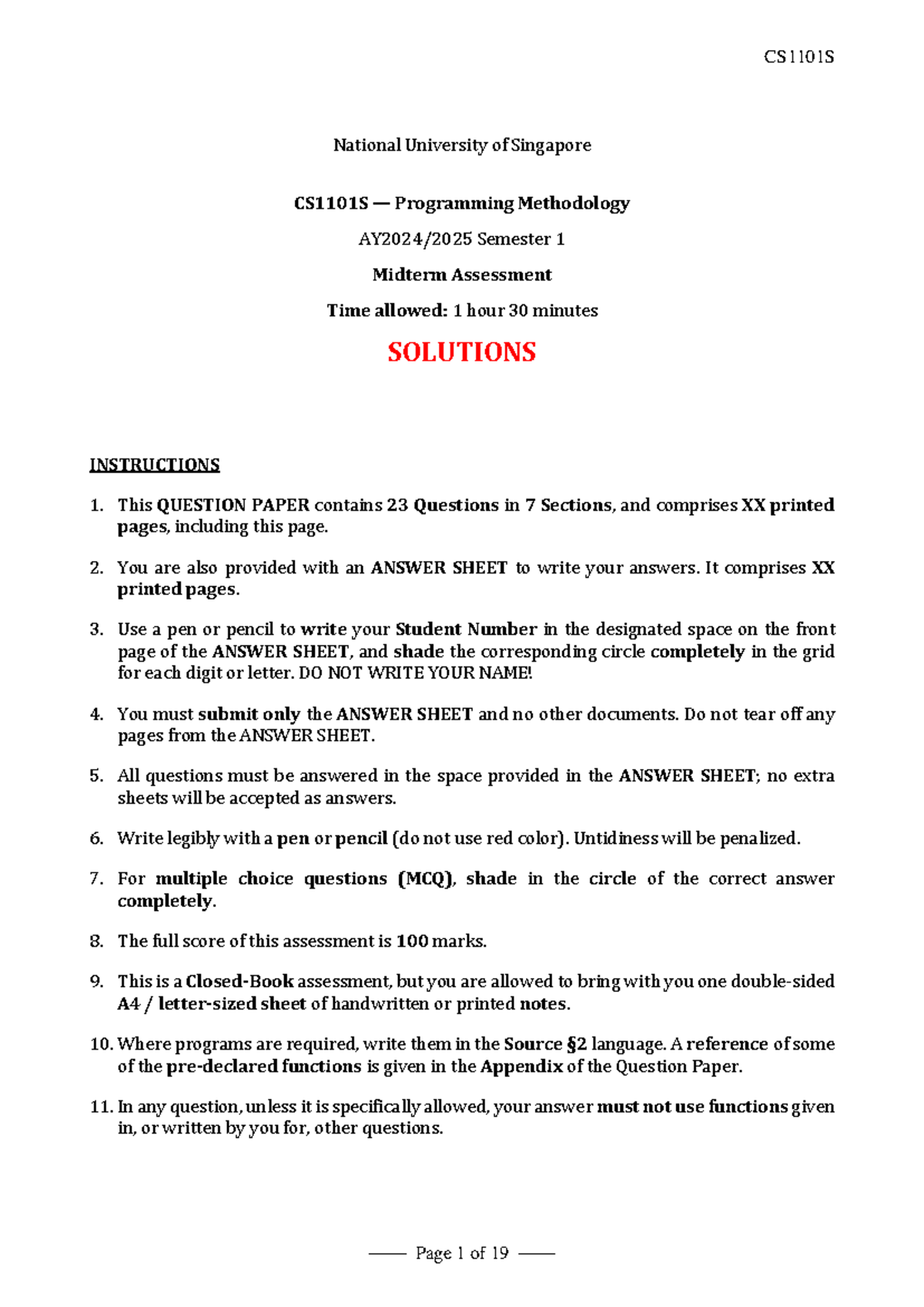 CS1101S Programming Methodology Semester 1 Midterm Solutions - Studocu