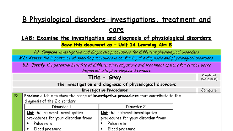 Unit 14 Lab Investigative Diagnostic Procedures For Physiological