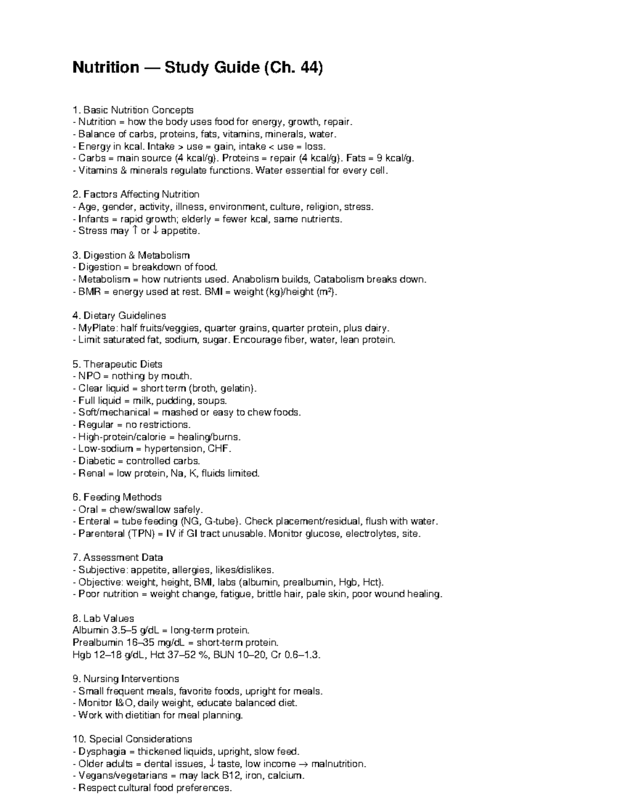 Nutrition Study Guide (Ch. 44) - Key Concepts & Dietary Guidelines ...