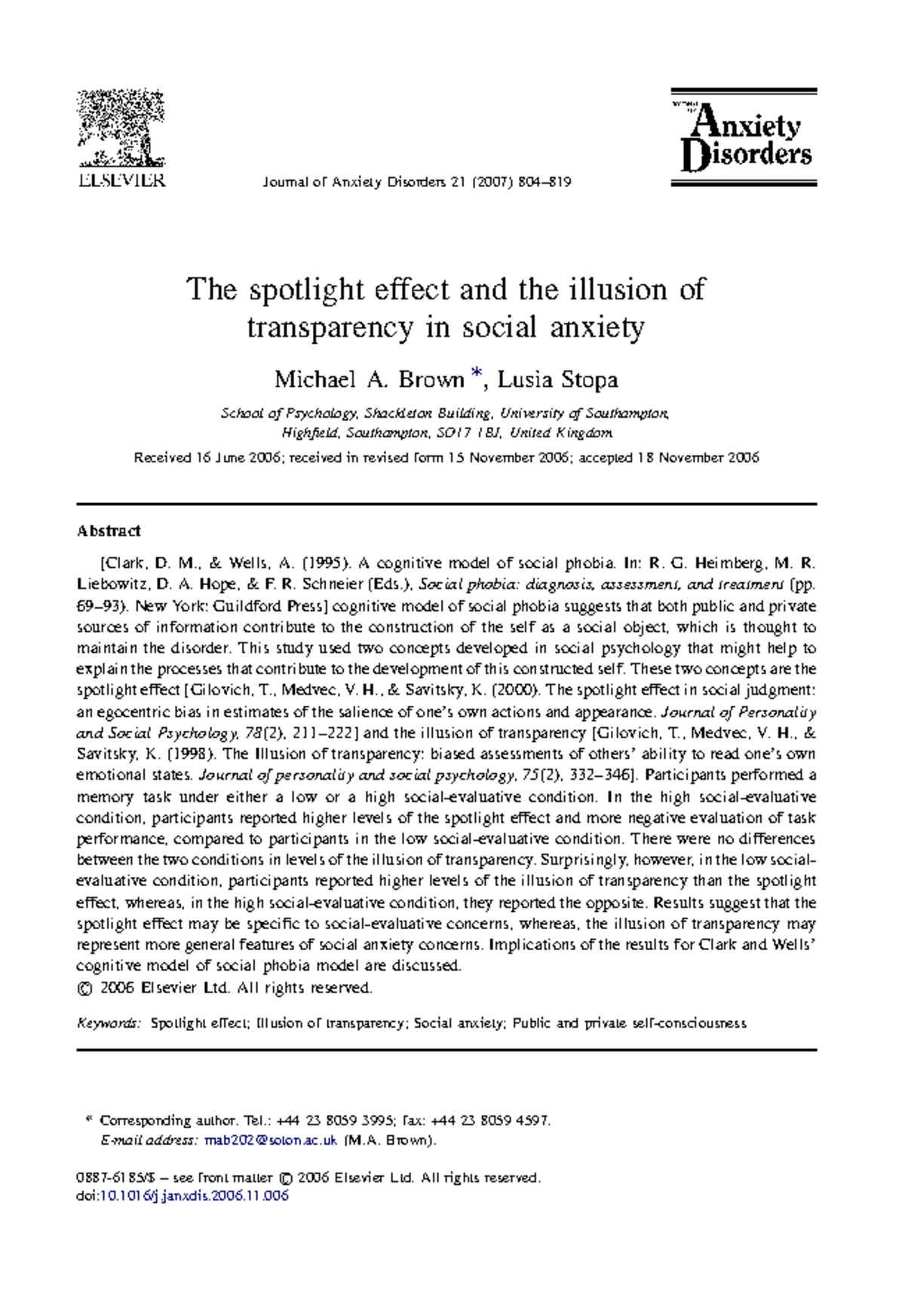 Anxiety Disorders 21 (2007): Spotlight Effect & Illusion of ...