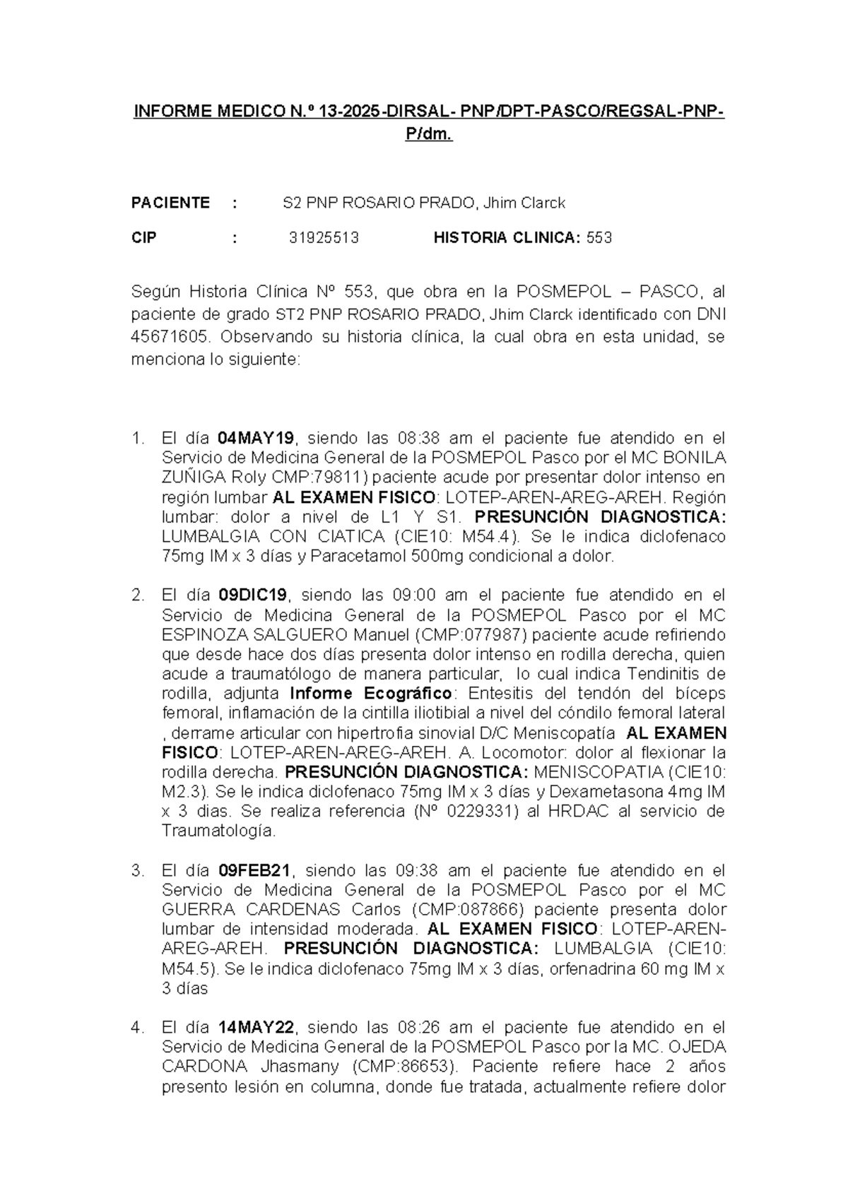 Informe Médico: Historia Clínica de Jhim Clarck (CIP: 31925513) - Studocu