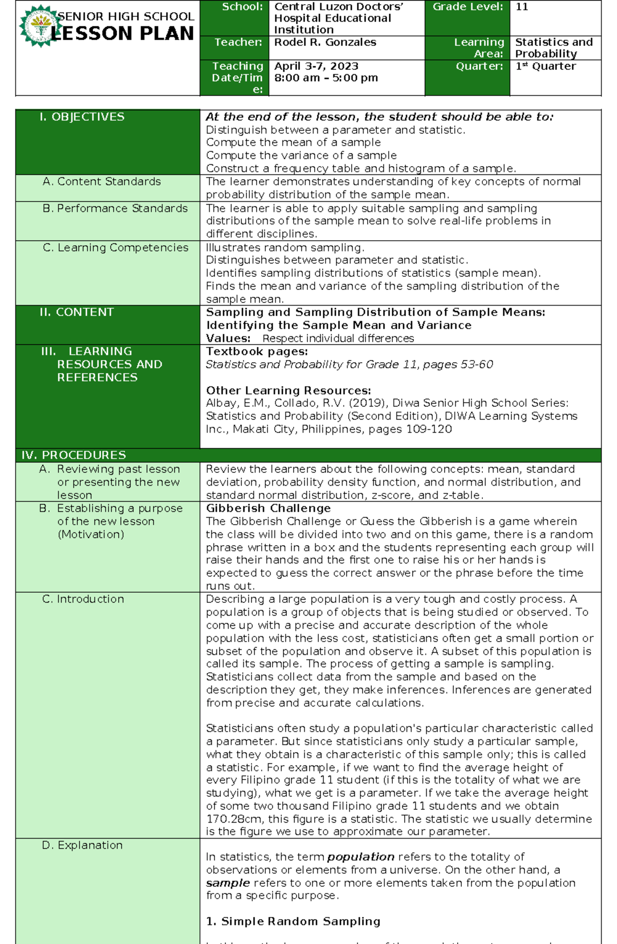 SENIOR HIGH SCHOOL LESSON PLAN: Statistics & Probability 11 - Sample ...