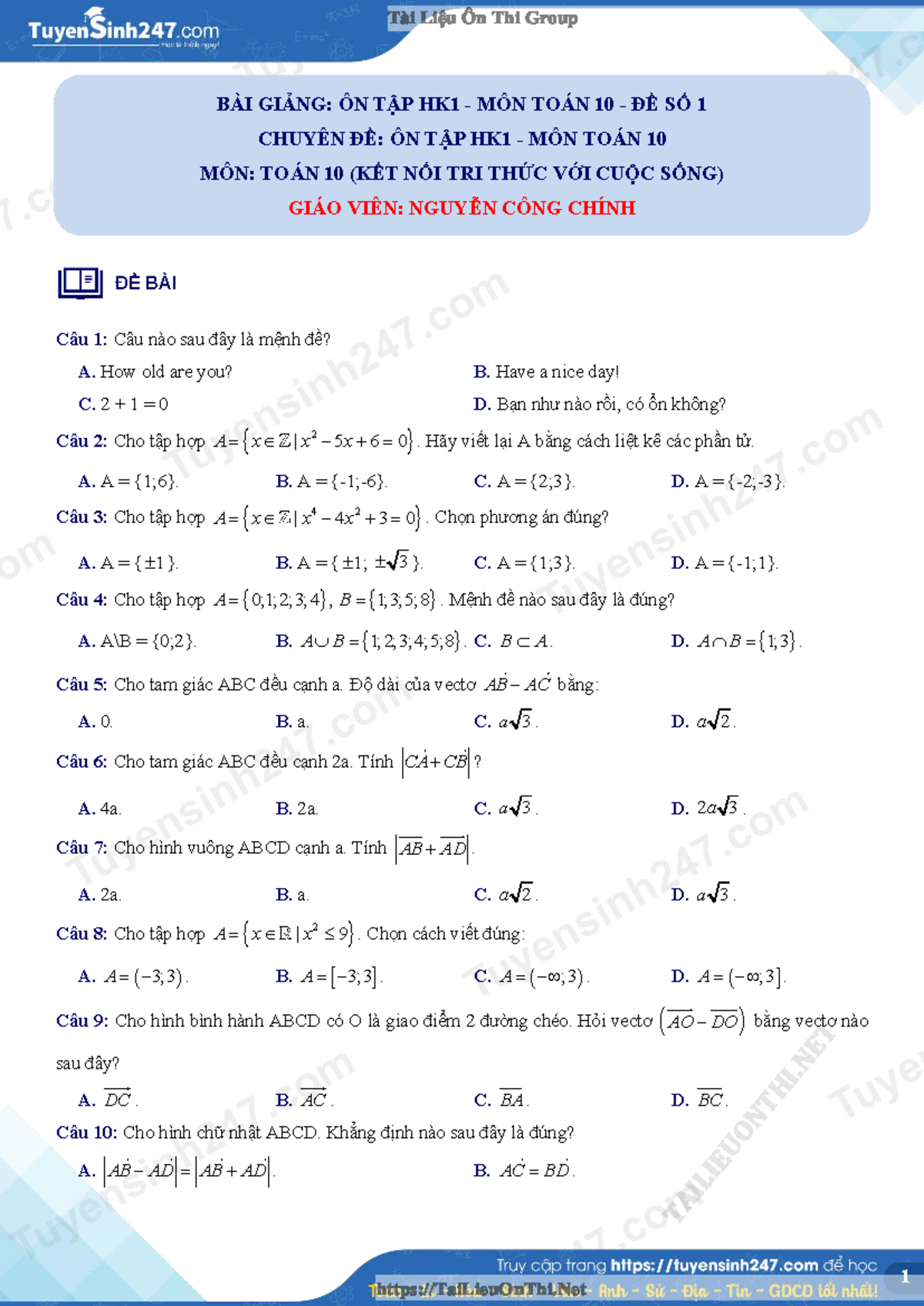 Đề Thi Học Kỳ 1 Môn Toán 10 - Đề 2 (Kết Nối Tri Thức Với Cuộc Sống ...