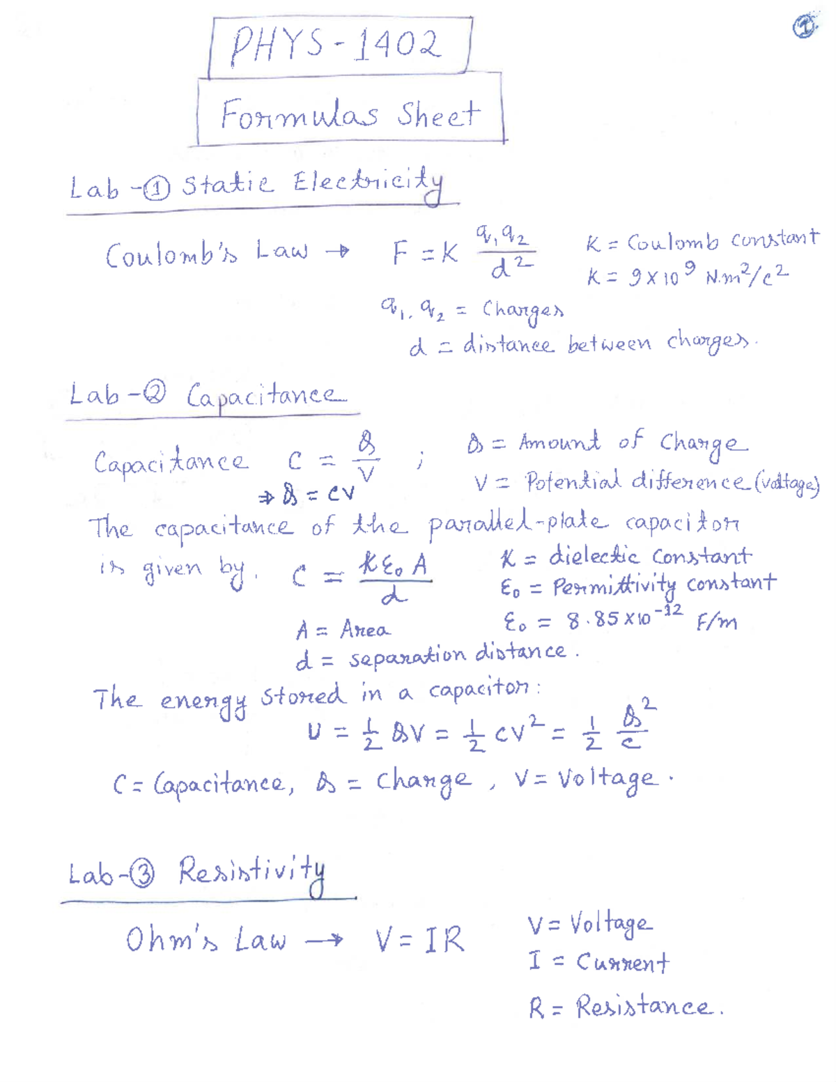 "PHYS 1402 Lab Formulas: Static Electricity, Circuits & Optics" - Studocu