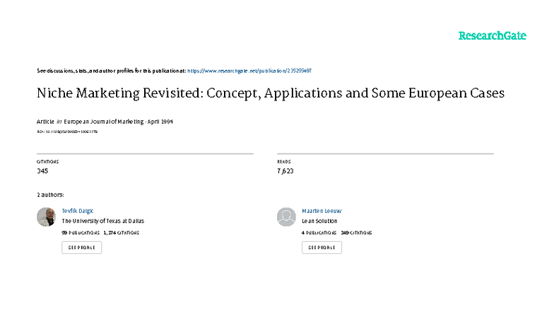 Niche Marketing Revisited: Concepts and European Case Studies - Studocu