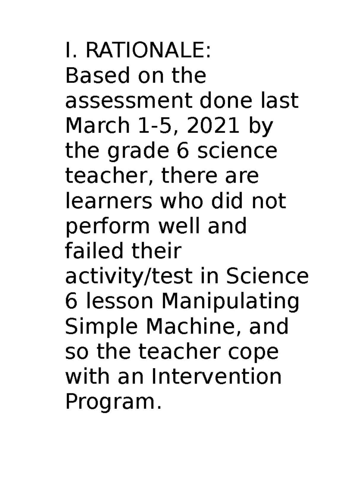ACR- Grade 6 Science Remediation Program for Simple Machines - Studocu