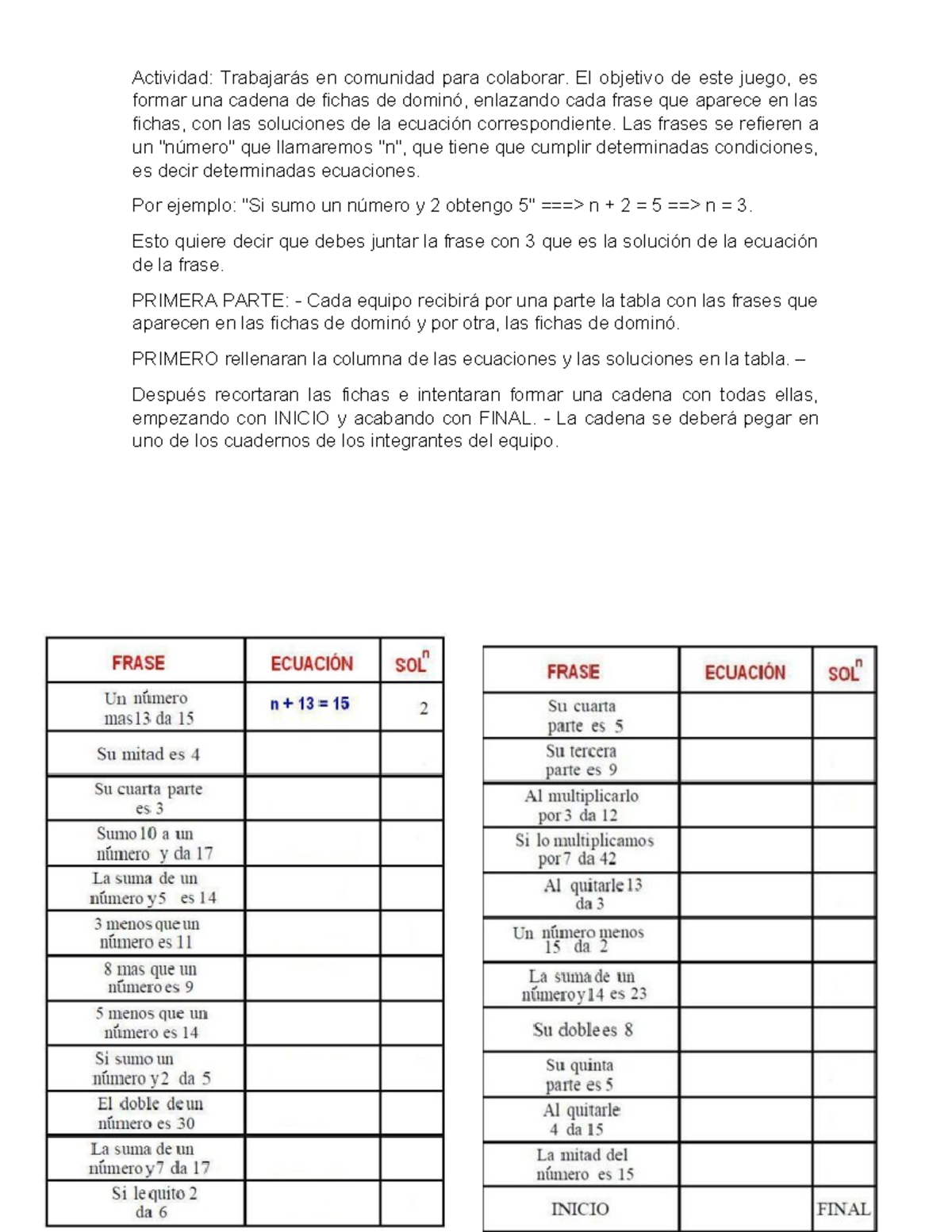 Actividad: Juego de Dominó para Formar Ecuaciones Algebraicas - Studocu