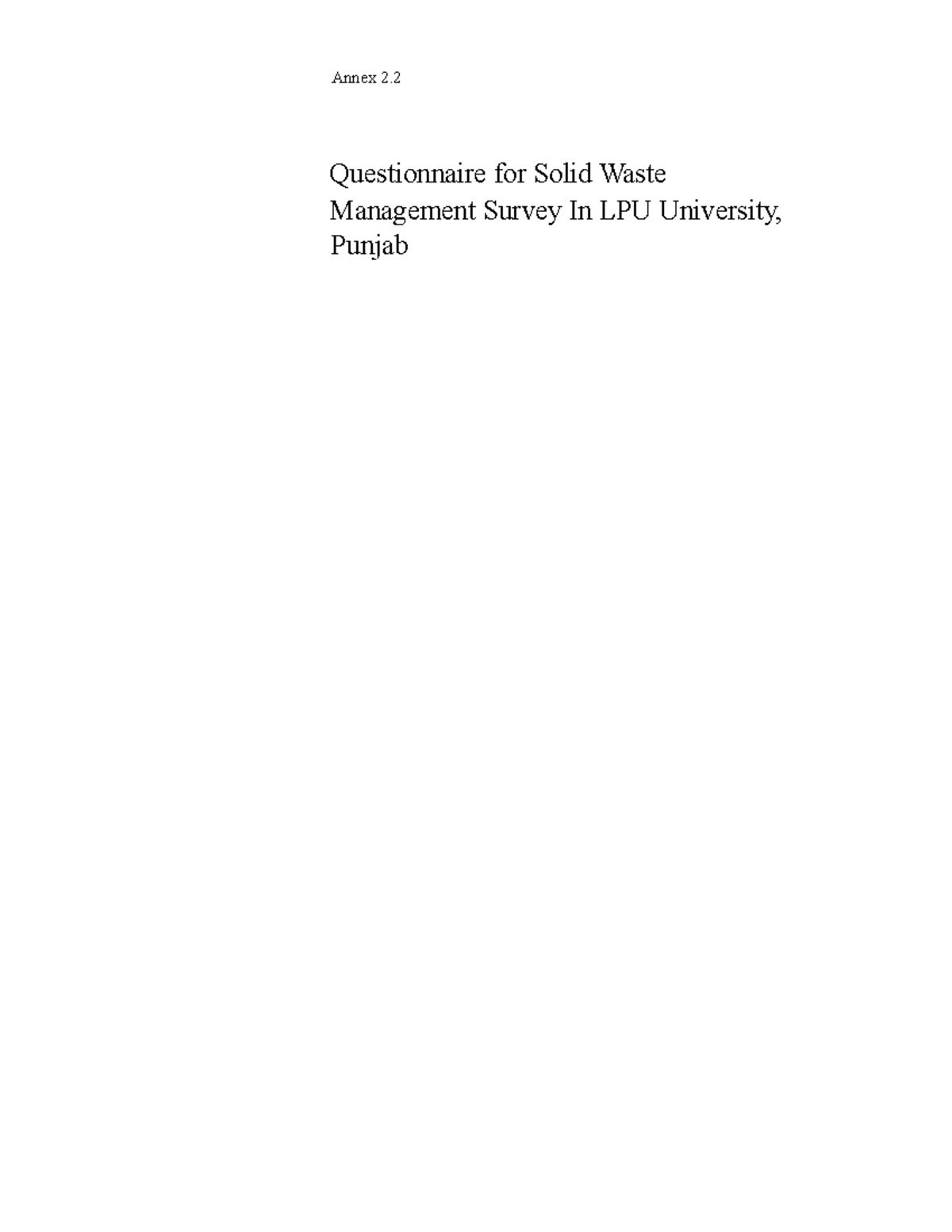 Questionnaire for Solid Waste Management - Annex 2. Questionnaire for ...