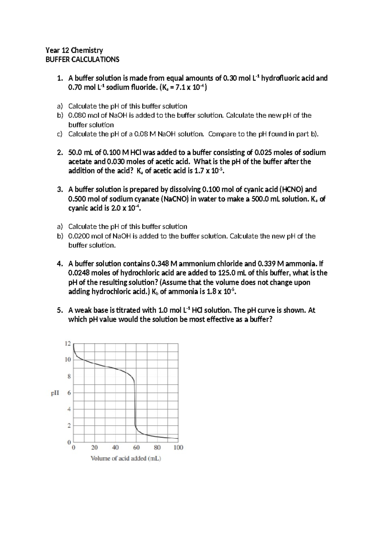Year 12 Chemistry: Buffer Calculations and pH Determination - Studocu