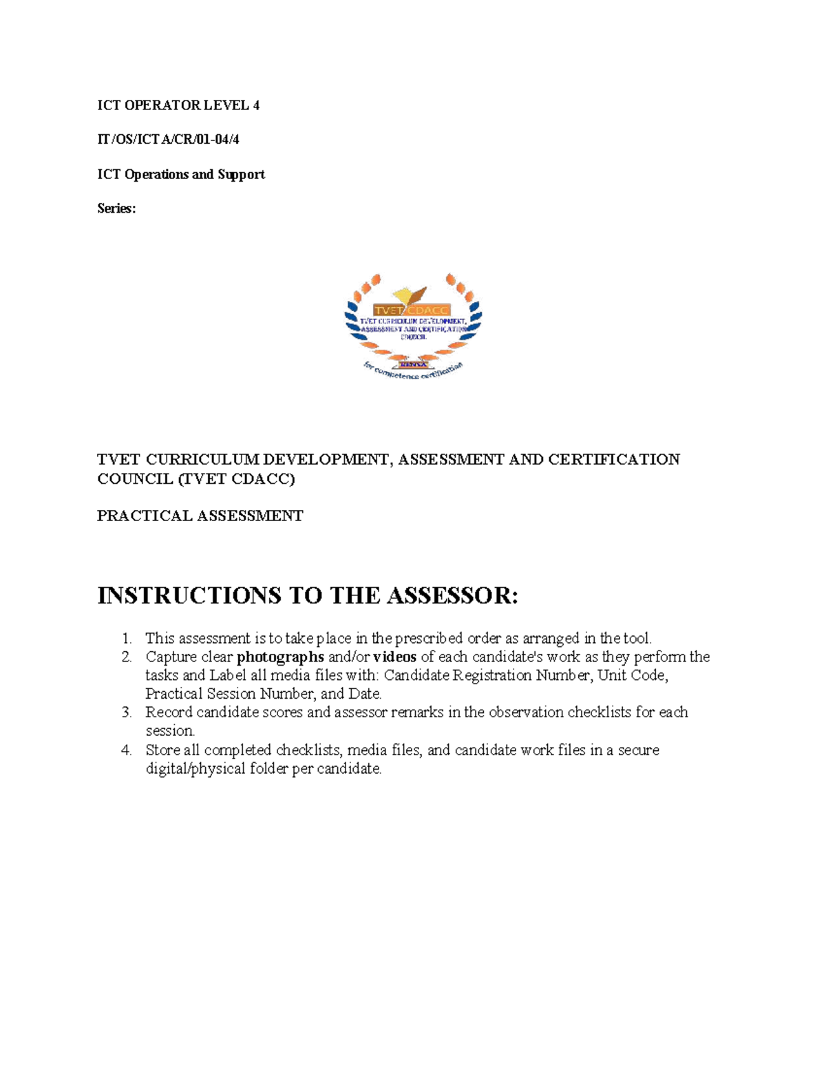 ICT OPERATOR LEVEL 4: Practical Assessment Tool & Instructions - Studocu