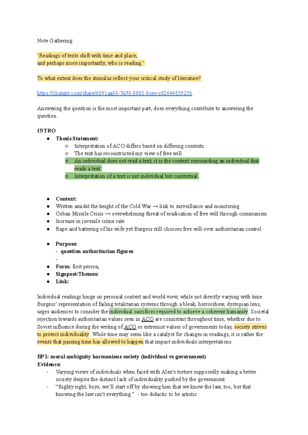 ENG11: A Clockwork Orange - Intro & Body Paragraphs Analysis - Studocu