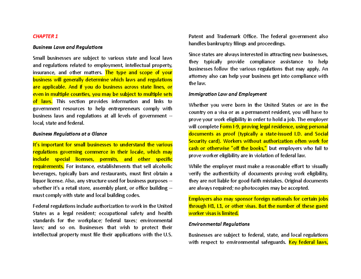 Chapter 1 - Business Laws and Regulations - Studocu