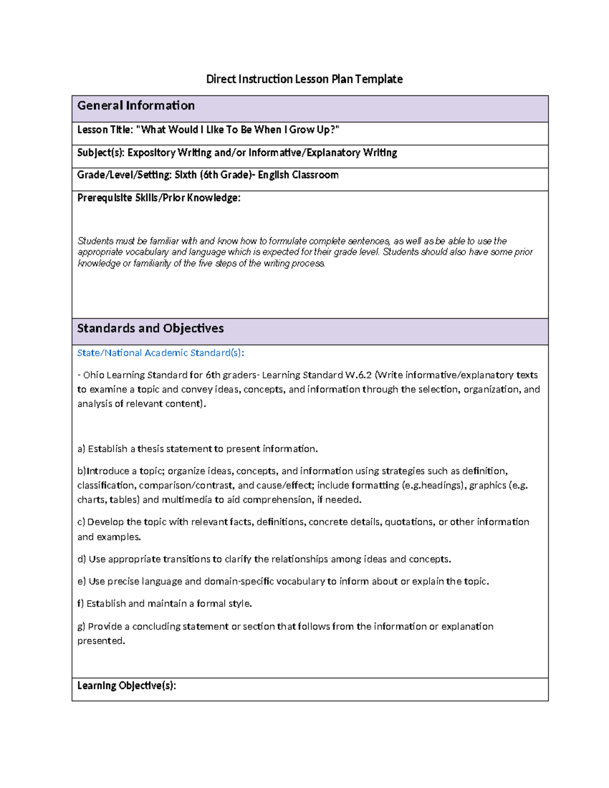 6th Grade Expository Writing Lesson Plan: Career Aspirations - Studocu