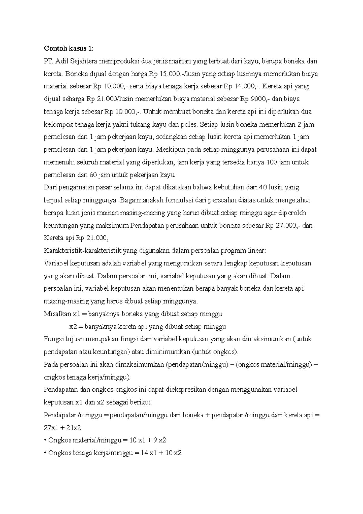 Formulasi Kasus Program Linear PT. Adil Sejahtera dalam Produksi Mainan ...