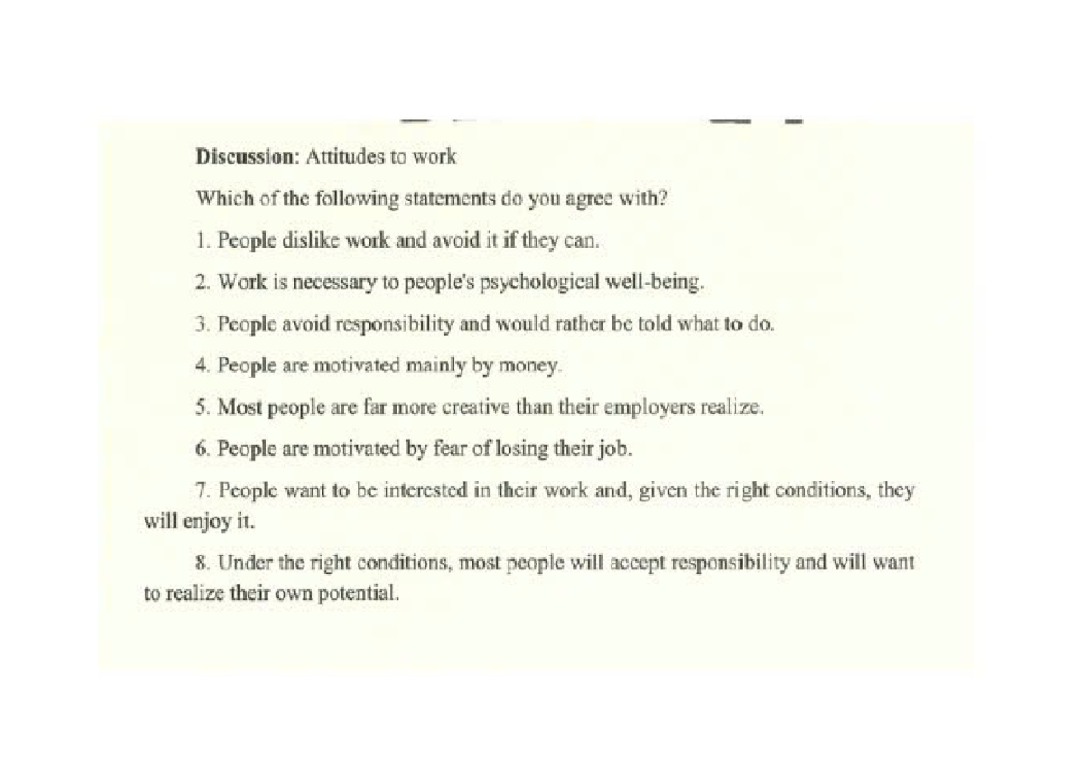 Discussion: Attitudes to Work and Motivation Theories (BUS 101) - Studocu